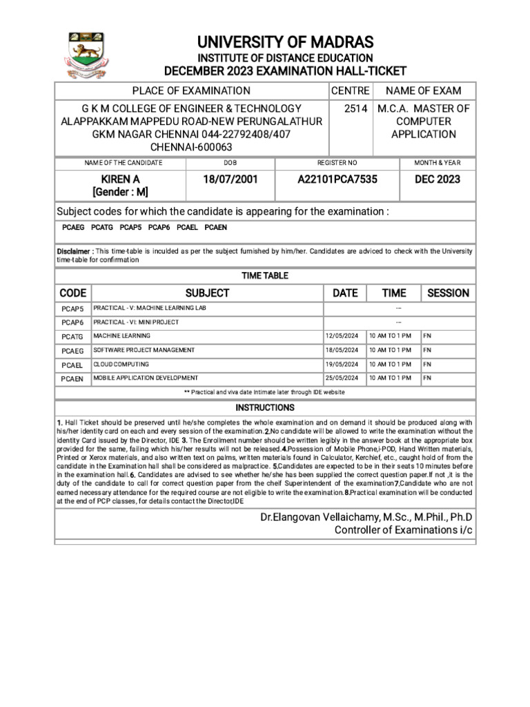 Hall Ticket Kiren | PDF | Computing | Computer Science