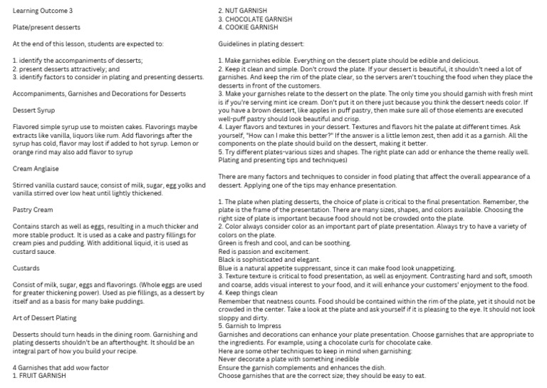 Learning Outcome 3 Platepresent Desserts at The End of This Lesson ...