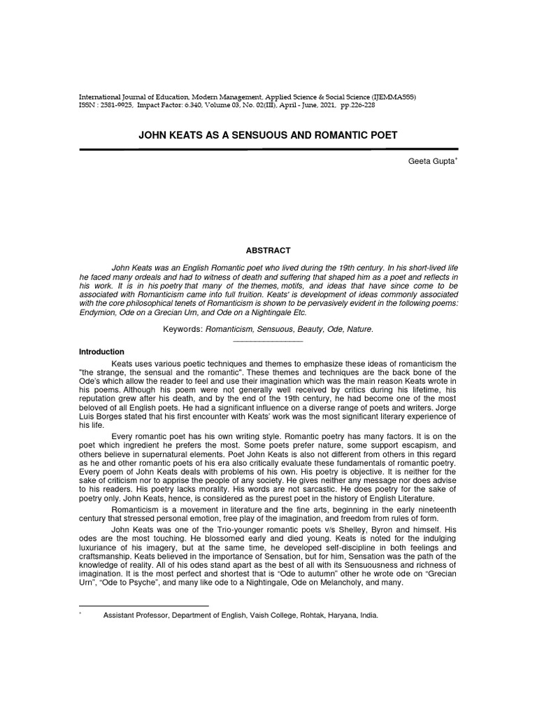 John Keats As A Sensuous and Romantic Poet: Keywords: Romanticism ...