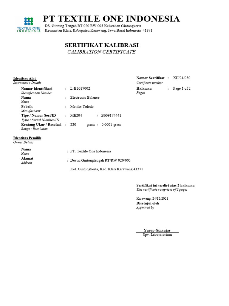 PT Textile One Indonesia: Sertifikat Kalibrasi | PDF