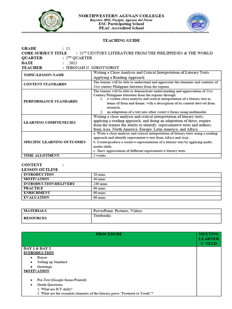 Grade 11 Teaching Guide: 21st Century Literature | PDF | Learning