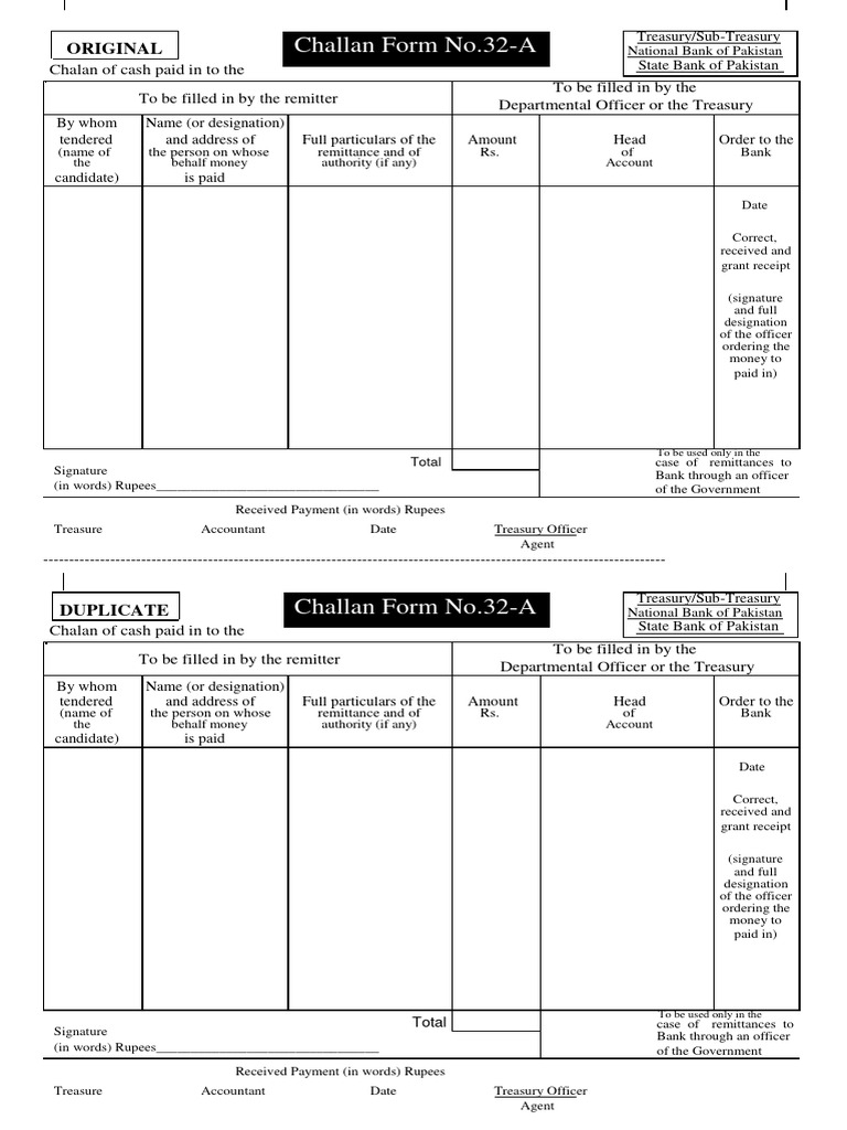 Treasury Challan Form No. 32-A | PDF | Hm Treasury | Money