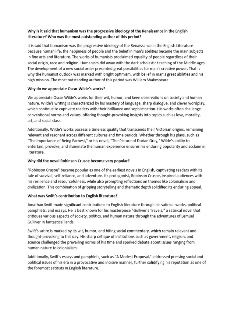 Humanism and Key Figures in English Literature | PDF | Jane Austen ...