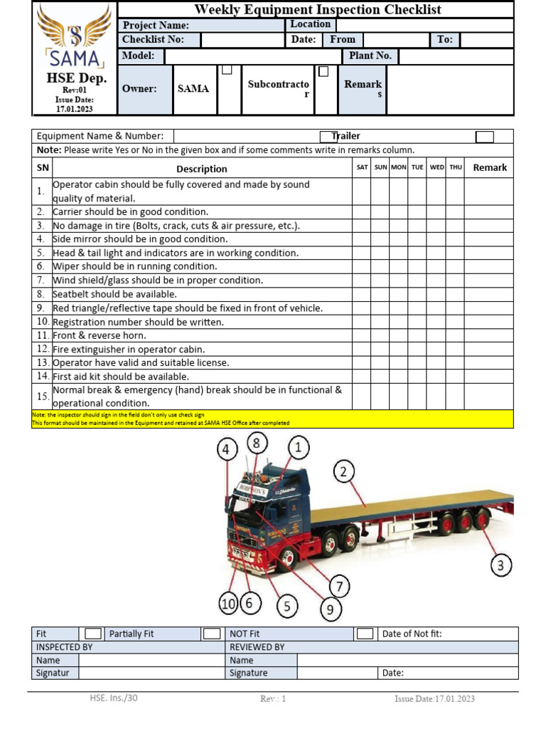 Weekly Trailer Inspection Checklist | PDF | Motor Vehicle | Vehicles