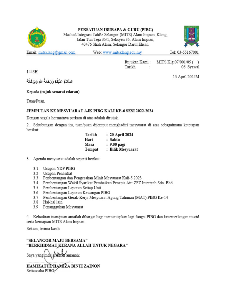 Surat Jemputan Mesyuarat Ajk Kali-6 | PDF