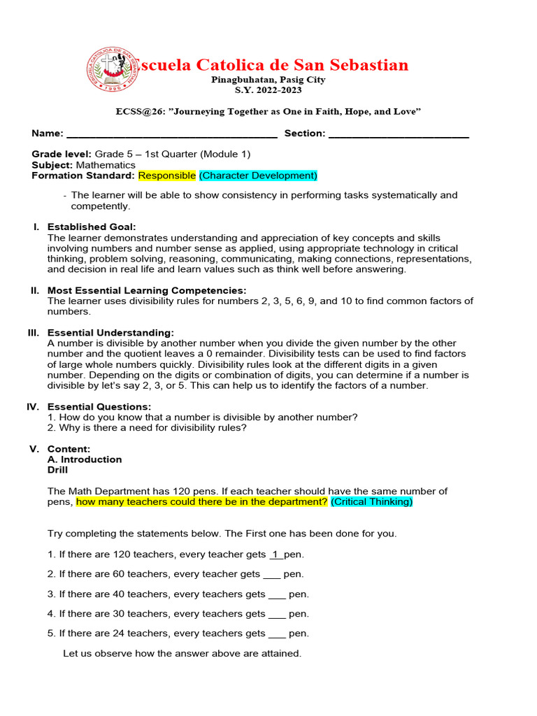 Grade 5 Mathematics Module Lesson 1 | PDF | Cognition | Learning