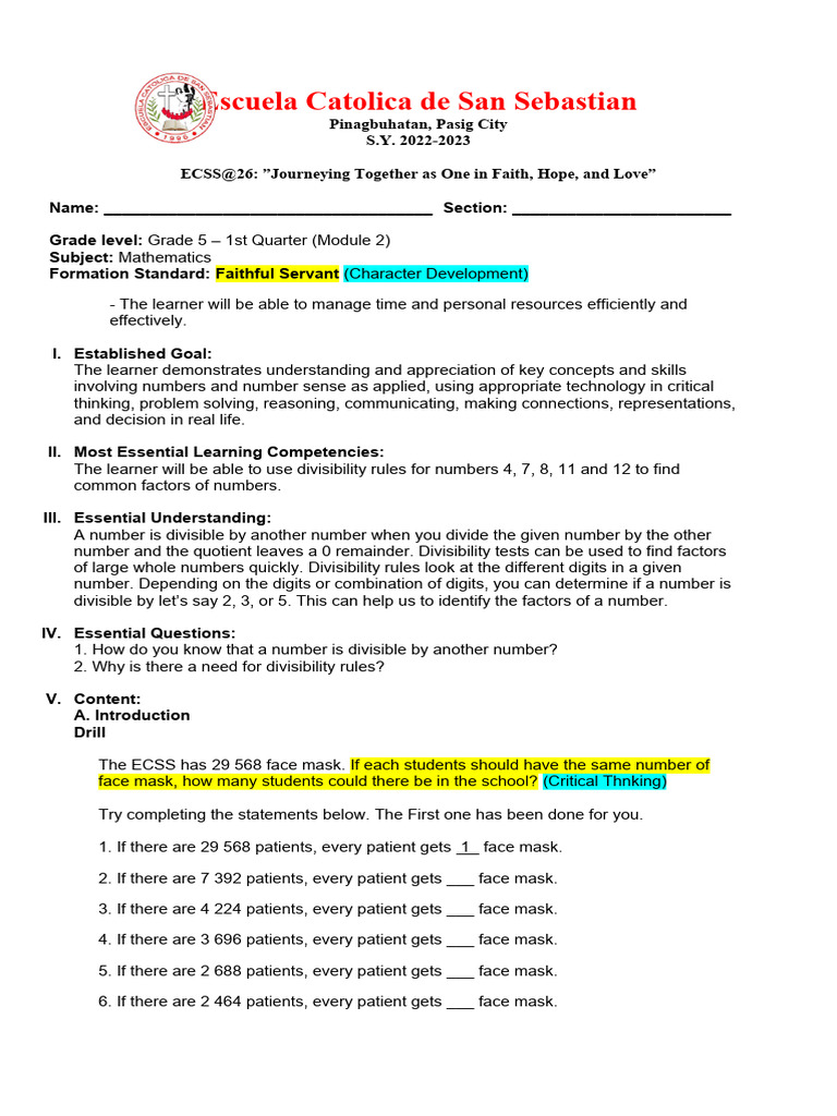 Grade 5 Mathematics Module Lesson 2 | PDF | Cognition | Learning