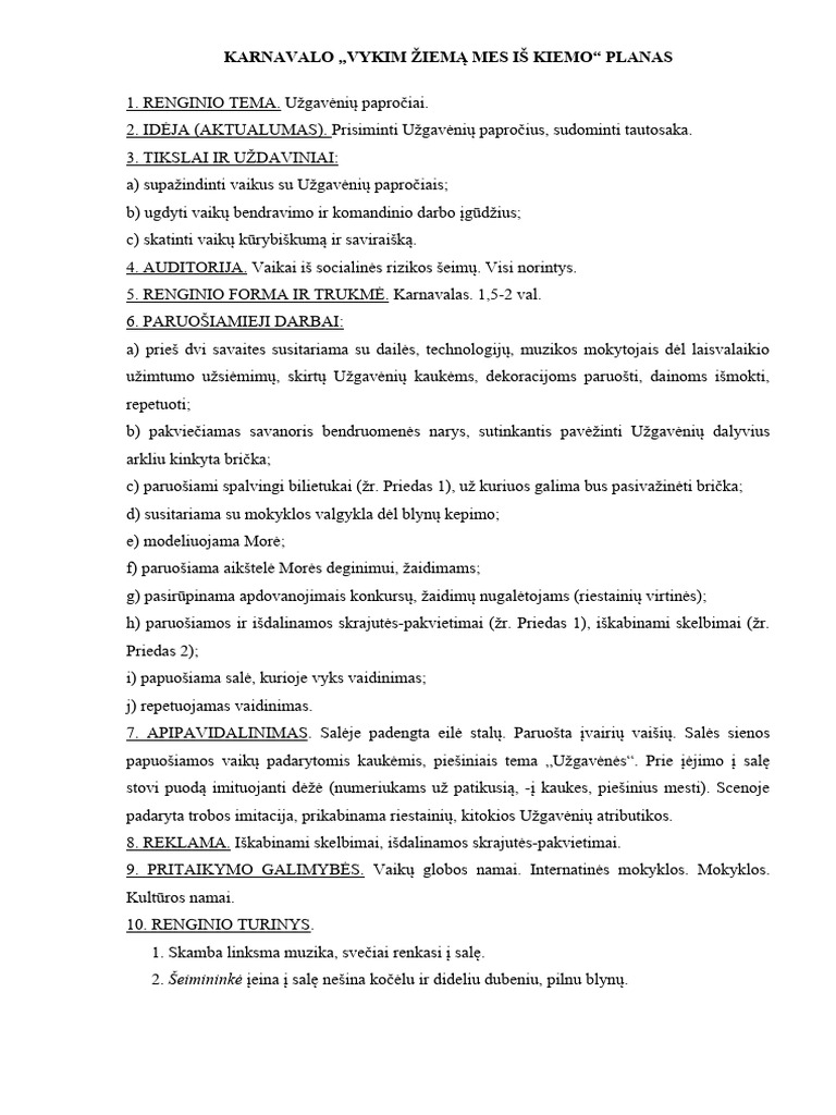UŽGAVĖNIŲ Scenarijus (Trumpas) | PDF
