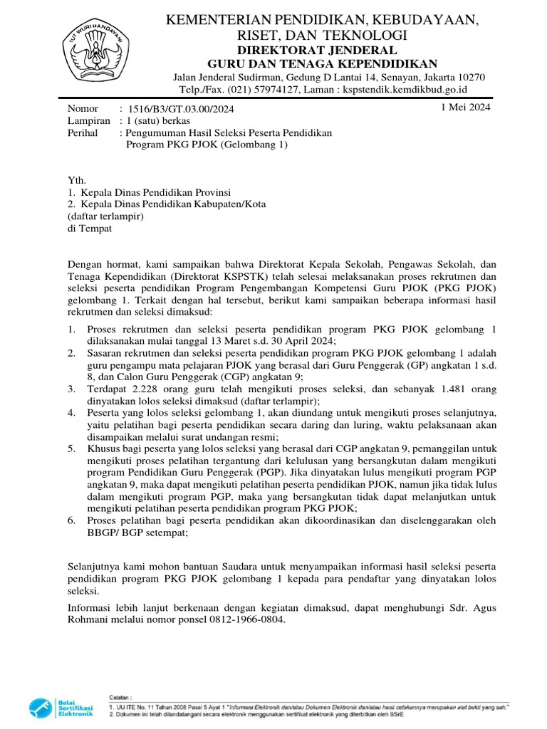 Surat Penetapan Seleksi Peserta Pendidikan Program PKG PJOK Gelombang 1 ...
