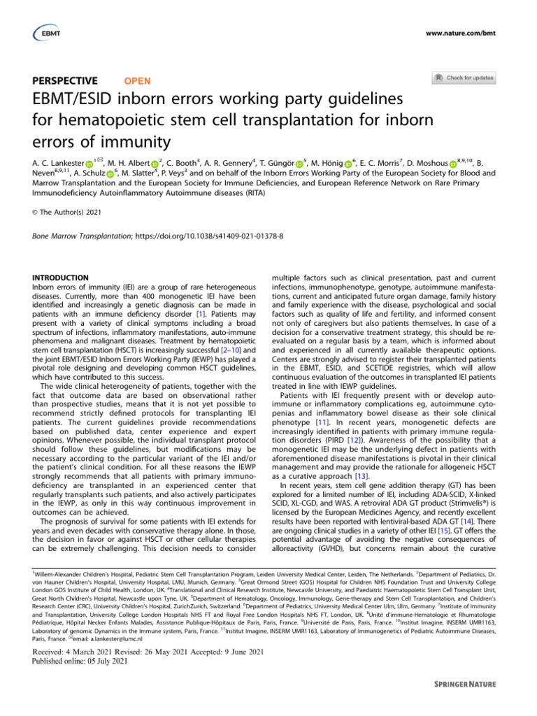 EBMT ESID IEWP Guidelines For HSCT For IEM | PDF | Hematopoietic Stem ...