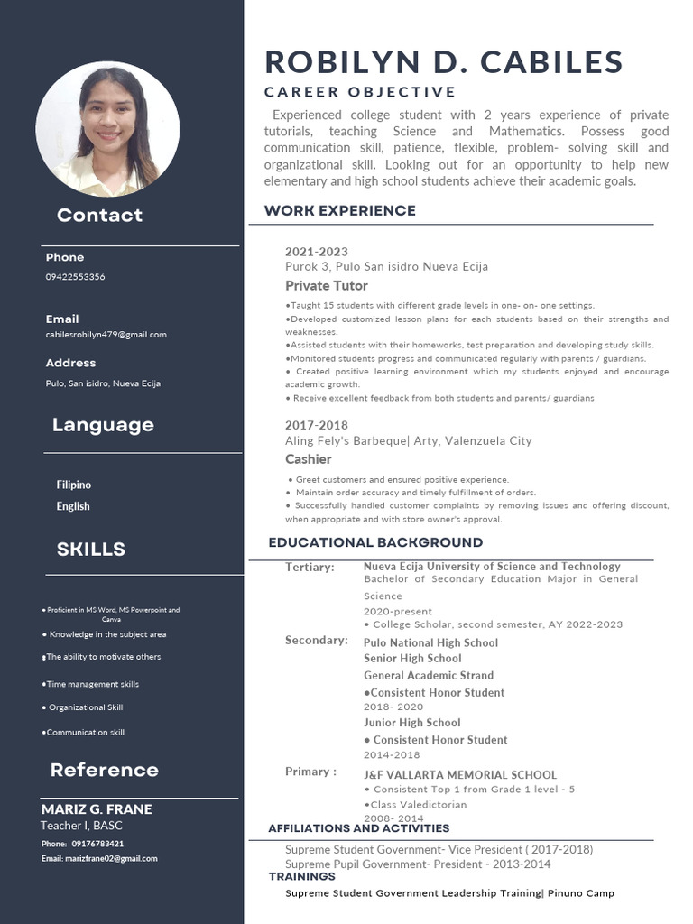 CabilesRobilyn BSE 3A Resume | PDF | Teachers | Learning