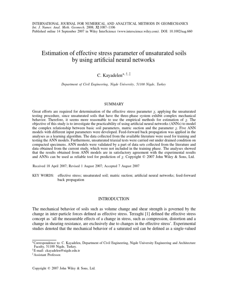 Estimation of effective stress parameter of unsaturated soils by using artiﬁcial neural networks ...
