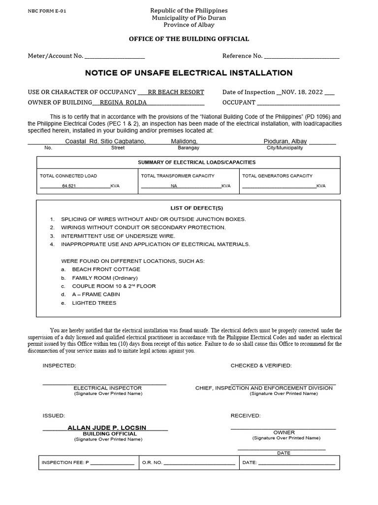 Notice of Unsafe Electrical Installation | Download Free PDF ...