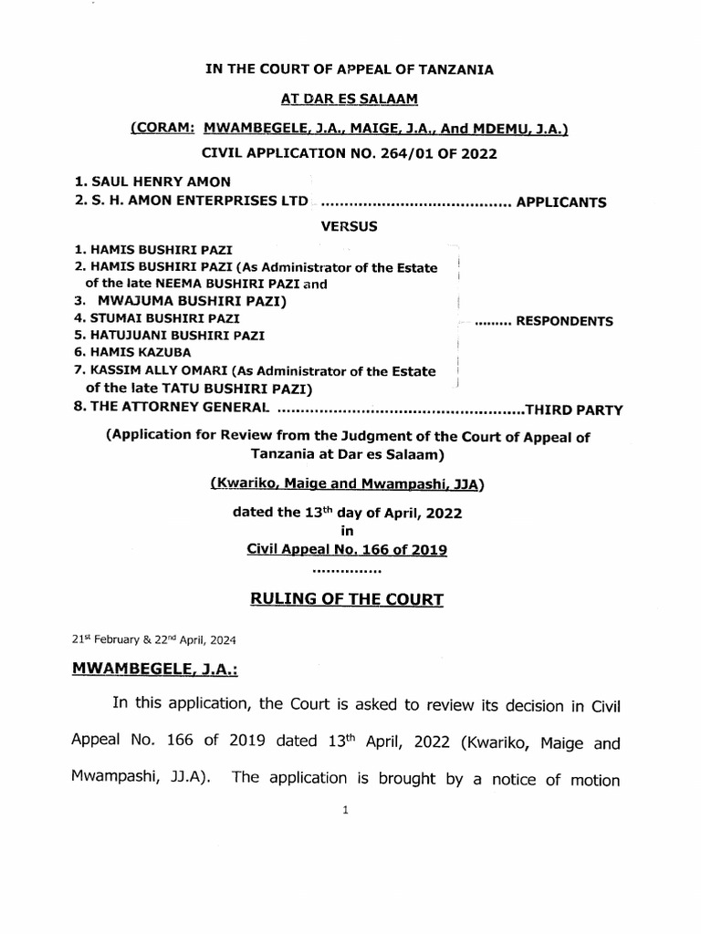 Saul Henry Amon Another Vs Hamis Bushiri Pazi Others 2024 TZCA 275 (22 ...