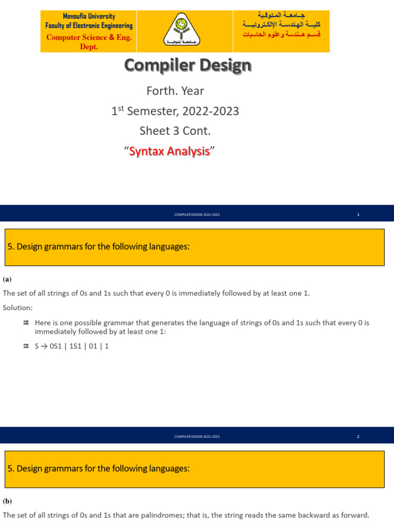 Compiler Design Sheet 3 Cont. 2022-2023 | PDF | Linguistics | Theoretical Computer Science