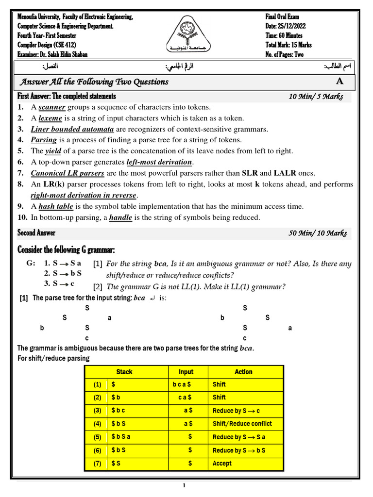 CSE412 Ans Mid2023 | Download Free PDF | Parsing | Computer Programming