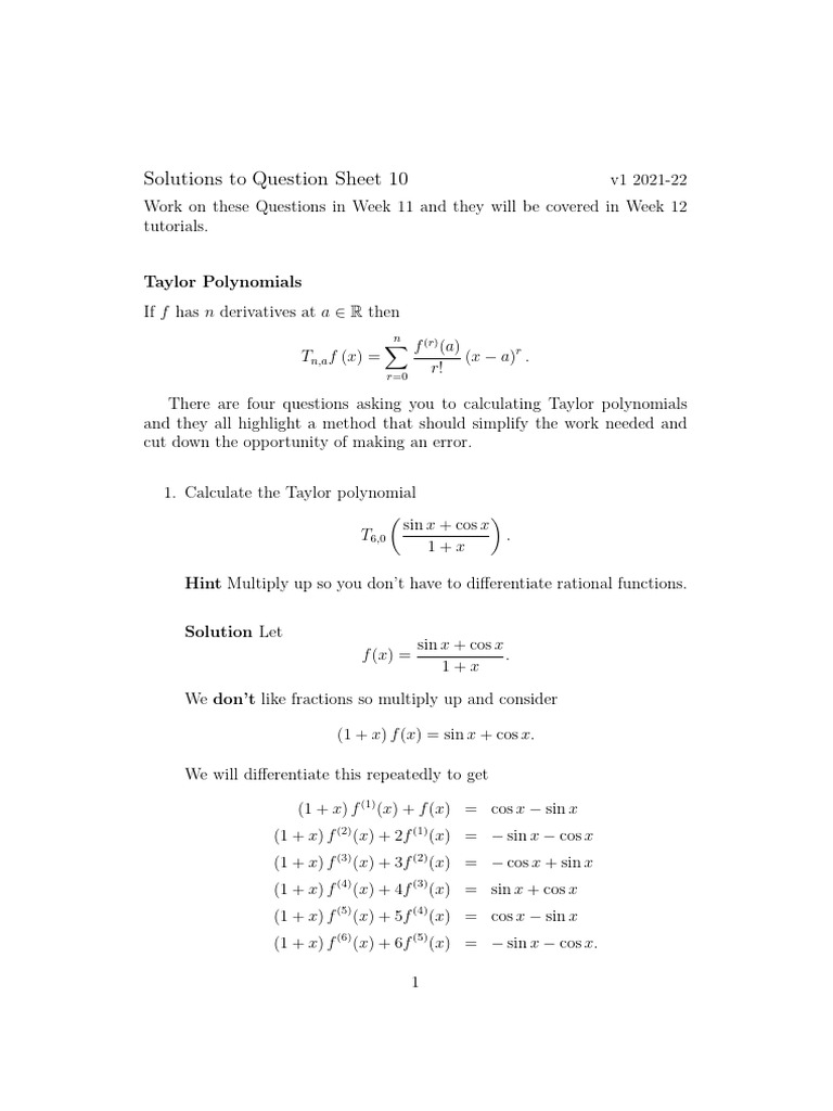 MATH20101 Solution Sheet 10 2021-22 | PDF | Trigonometric Functions ...