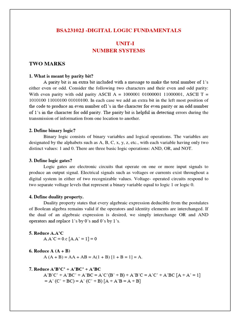 UNIT I AND II 2 MARKS DLF 2023 | PDF | Arithmetic | Boolean Algebra