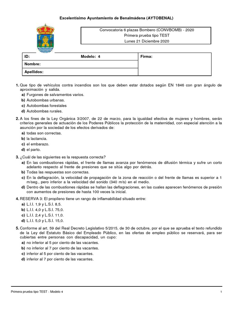 Examen 4 Bomberos | Descargar gratis PDF | Defensa Civil