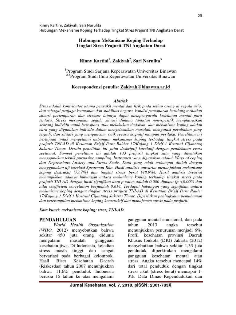 Hubungan Mekanisme Koping Terhadap Tingkat Stres Prajurit TNI Angkatan Darat | PDF