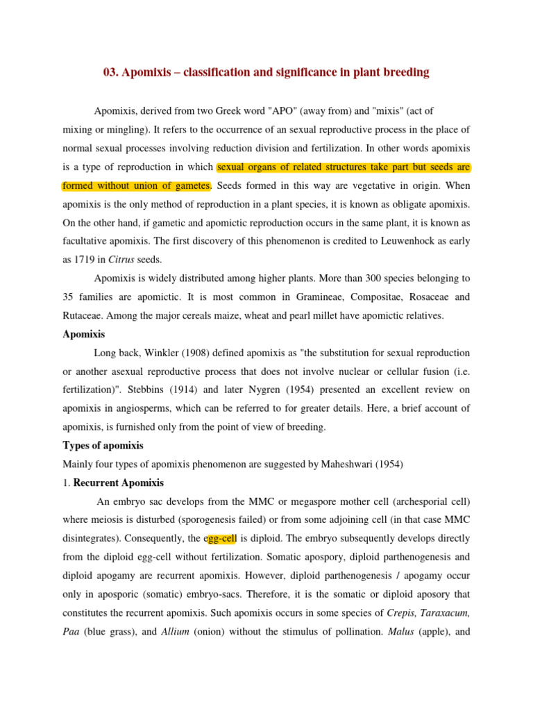 Apomixis: Types and Breeding Benefits | PDF | Reproduction | Genetics
