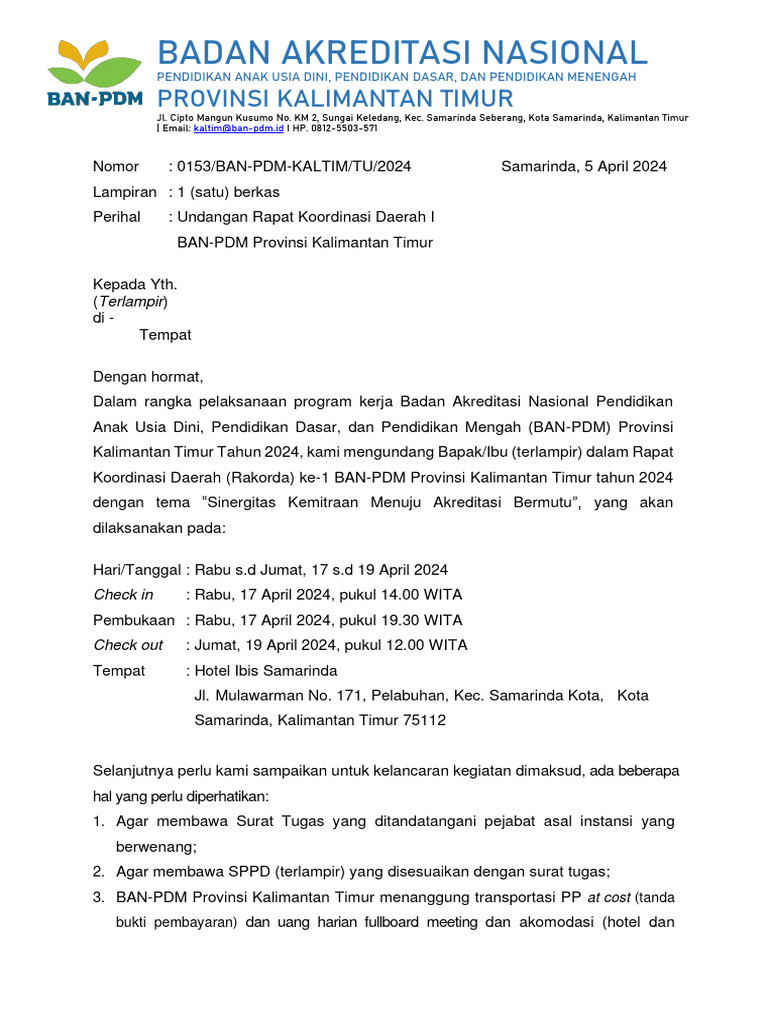 0153 - Undangan Rakorda Tahap 1 2024-1 | PDF