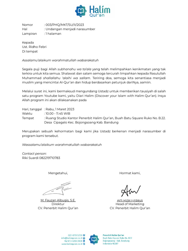 Surat Undangan Dan TOR Ust. Ridho Febri | PDF | Agama & Spiritualitas