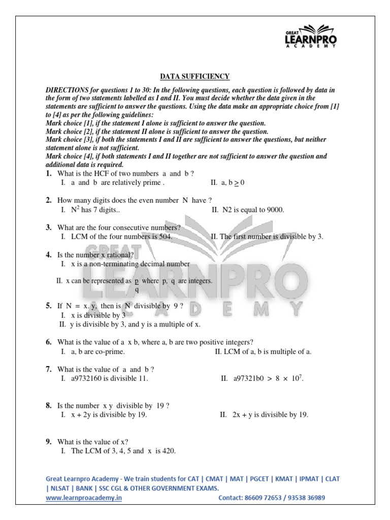 Data Sufficiency Questions for Exams | PDF | Numbers | Integer