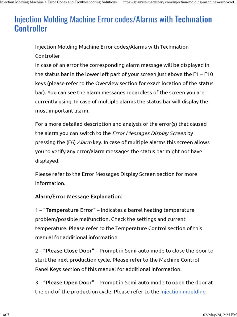 Injection Molding Machine Error Codes Alarms With Techmation Controller | PDF | Business | Computers