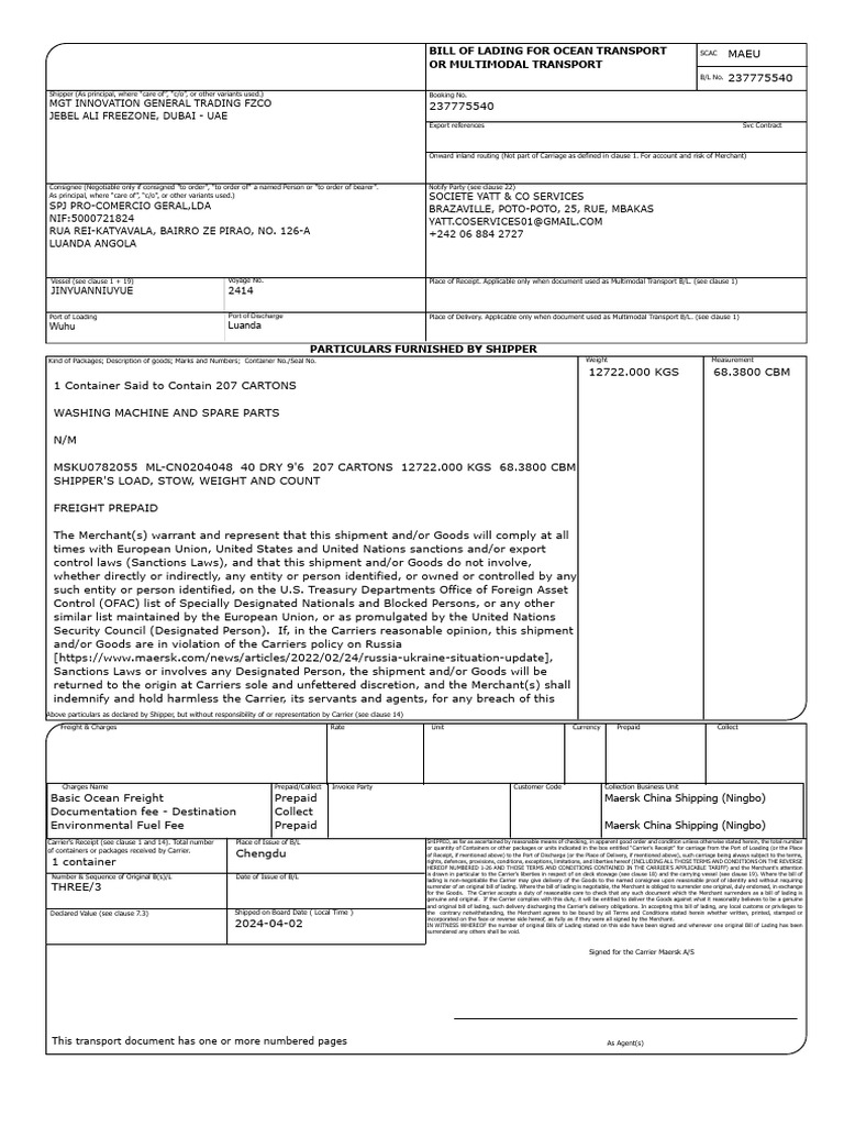 Bill of Lading For Ocean Transport or Multimodal Transport | Download ...