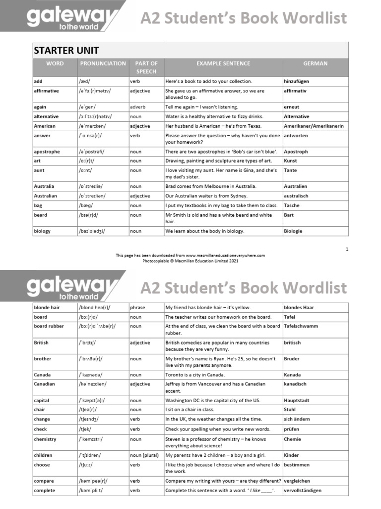 A2 Wordlist German | PDF | Noun | Adjective