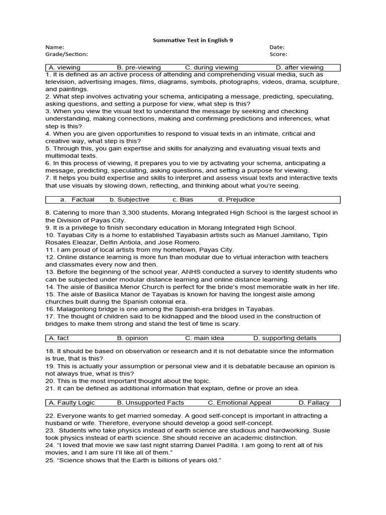 Summative-Test En9 Q3 | PDF | Cognition | Cognitive Science