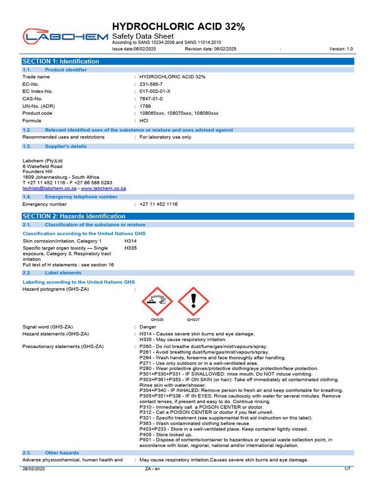Hydrochloric Acid 32% Safety Data Sheet | PDF | Firefighting
