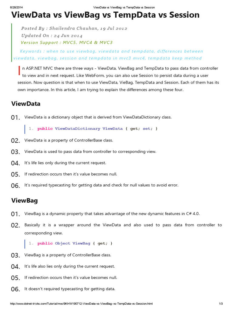 ViewData Vs ViewBag Vs TempData Vs Session | PDF | Active Server Pages | Information Technology
