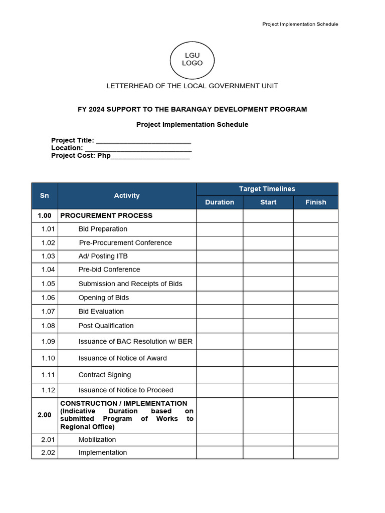 SBDP Project Implementation Schedule | PDF