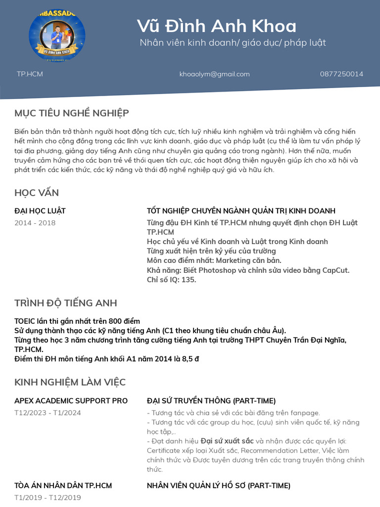 CV Vũ Đình Anh Khoa 10032024 | PDF