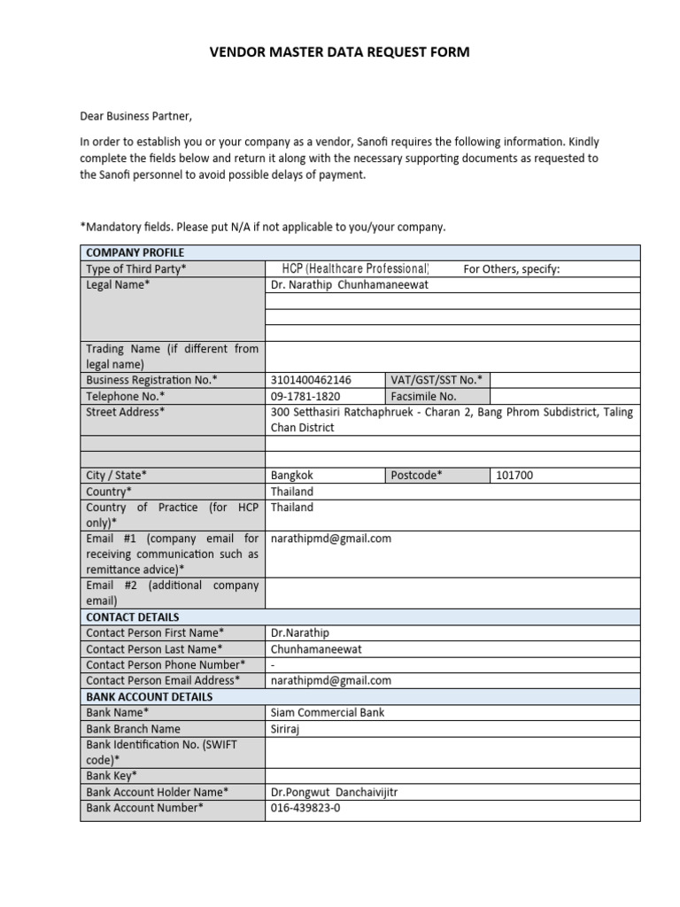 Sanofi Vendor Master Data Form | PDF | Invoice | Banks