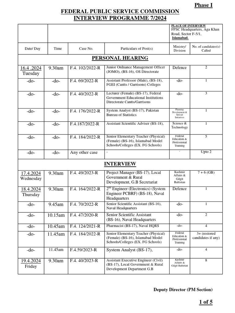 FPSC Interview Schedule 2024 | PDF | Islamabad | World Politics