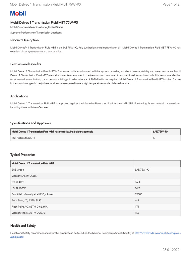 GL XX Mobil Delvac 1 Transmission Fluid MBT 75W90 | PDF | Exxon Mobil | Viscosity