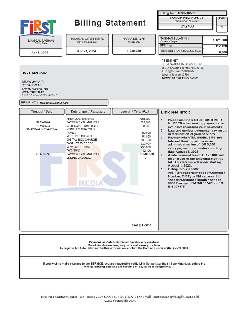 April 2024 Link Net Billing Statement | PDF | Payments | Debit Card