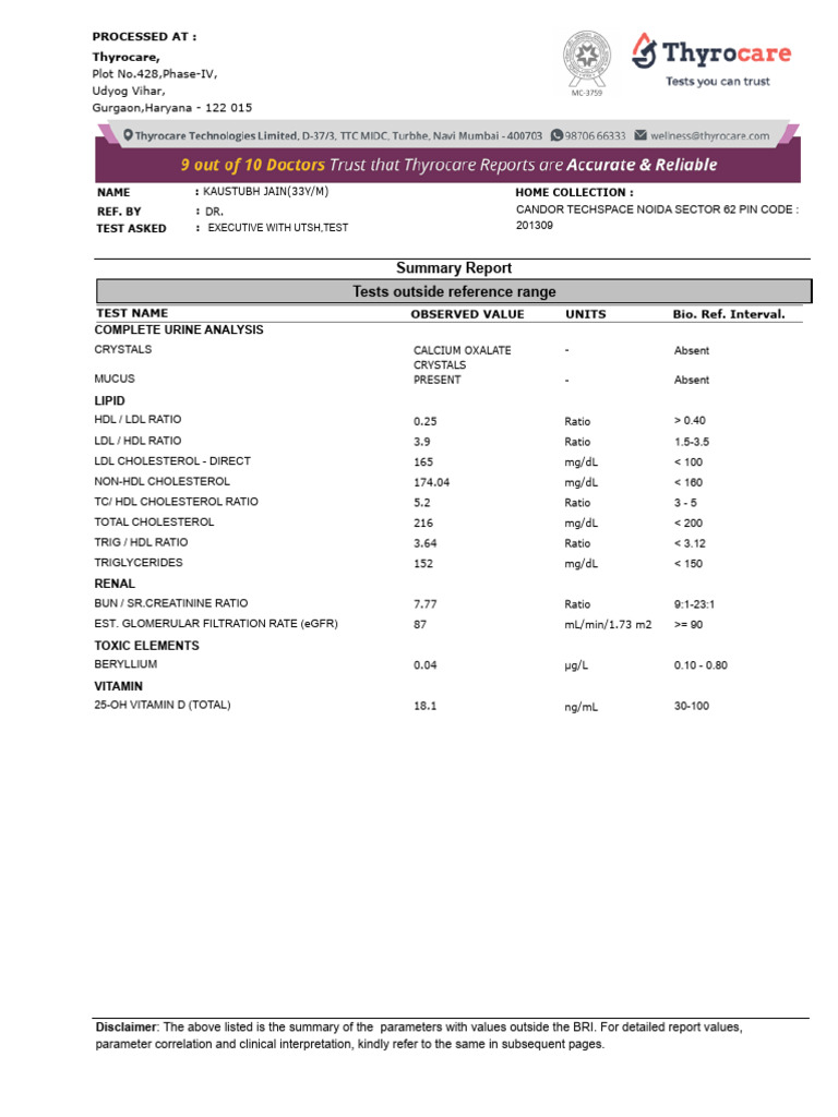 Health Report for Kaustubh Jain | PDF | Creatinine | Clinical Medicine