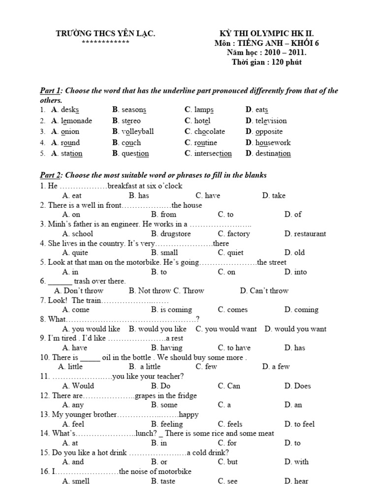 De Thi HSG Tieng Anh Lop 6 Huyen Yen Lac | PDF