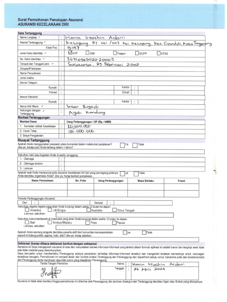 Hanin - Form Asuransi Kecelakan Diri | PDF