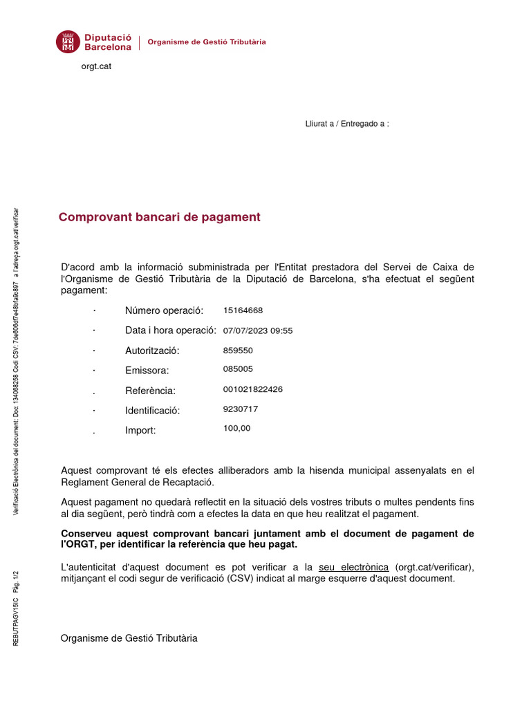 Comprovant Bancari de Pagament: Orgt - Cat | PDF