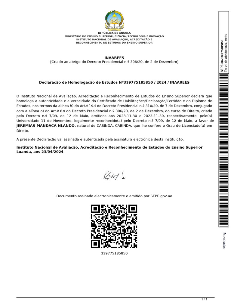 Homologação de Diploma em Direito Angola | PDF