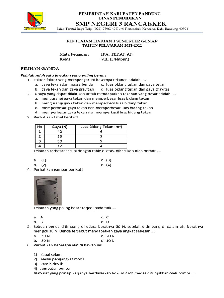 Soal Penilaian Harian IPA Tekanan | PDF
