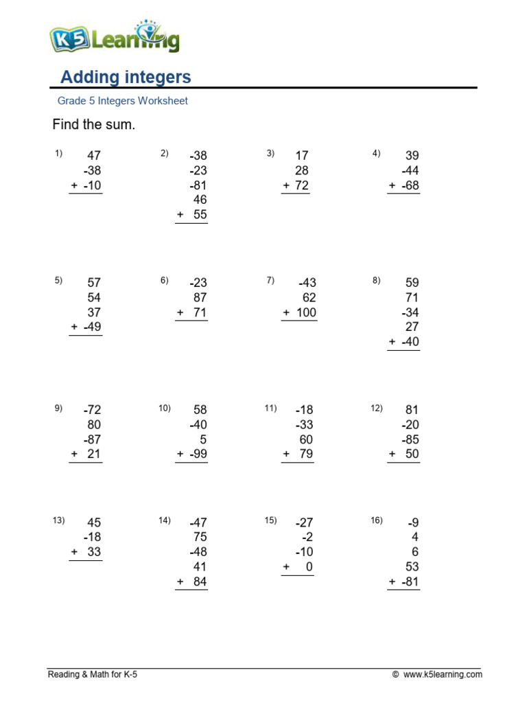 Grade 5 Integer Addition Worksheet | PDF