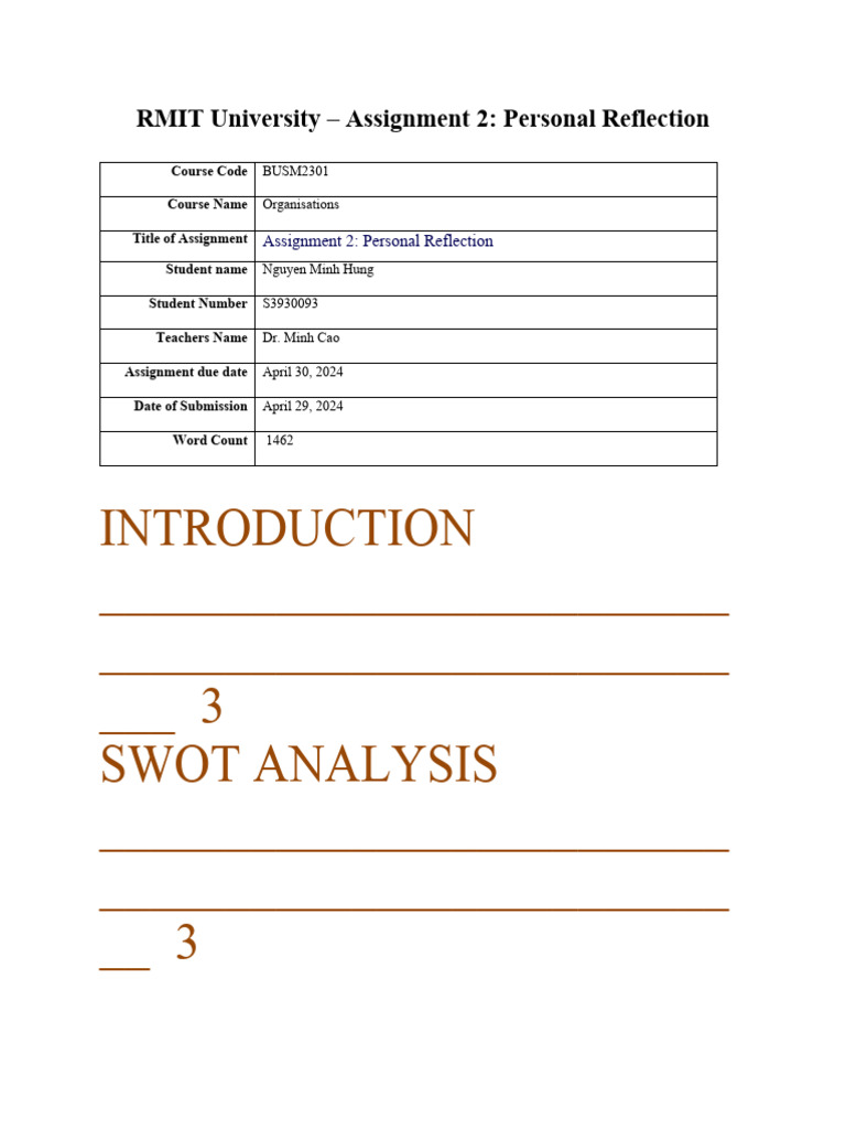 Nguyen Minh Hung - S3930093 - Assignment 2 Personal Reflection | PDF | Autonomy | Experience