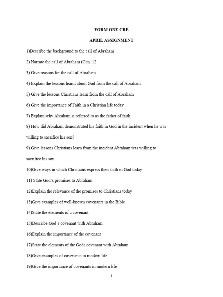 April assignment,cre form 1 Assignments - Form 1 - C.R.E. | PDF | Elijah | Moses