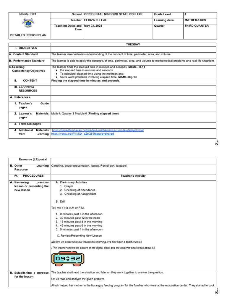 Math Lesson Plan Elapsed Time | PDF | Learning | Lesson Plan